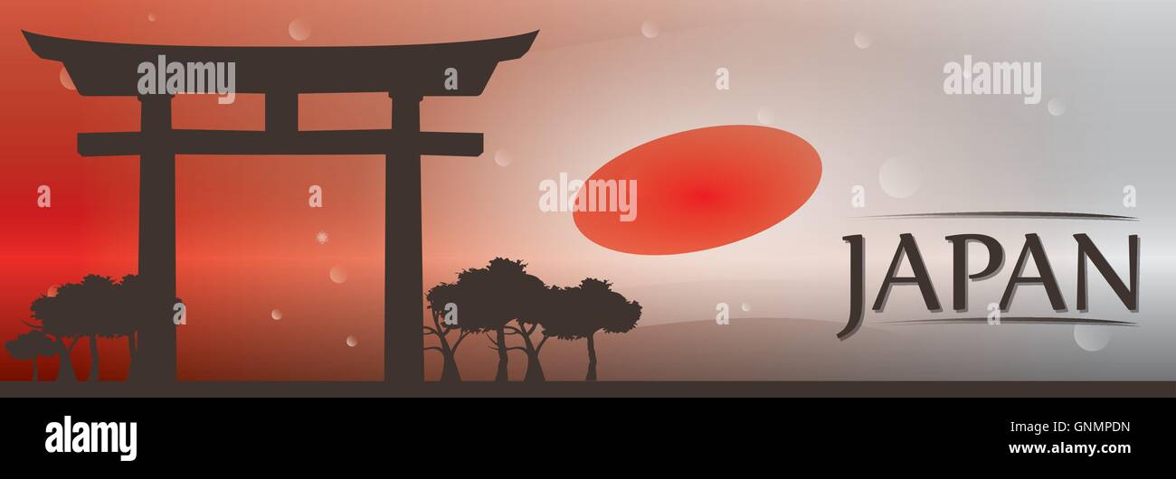 Colored banner with text, the japanese flag and the entrance of a ...