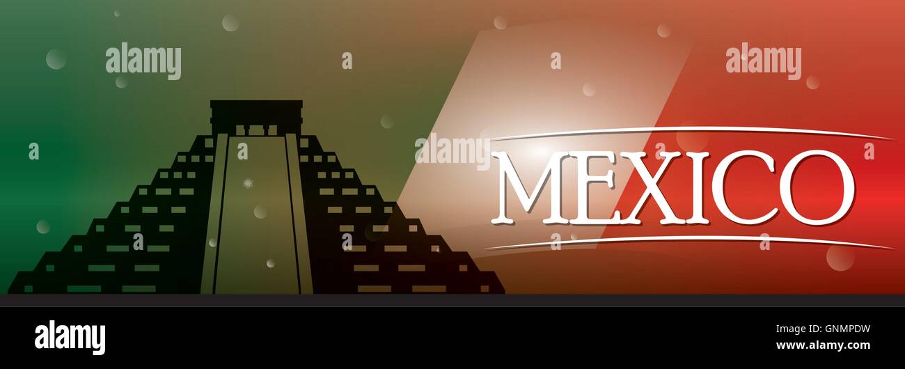 Colored banner with text, the mexican flag and a silhouette of a mayan ...