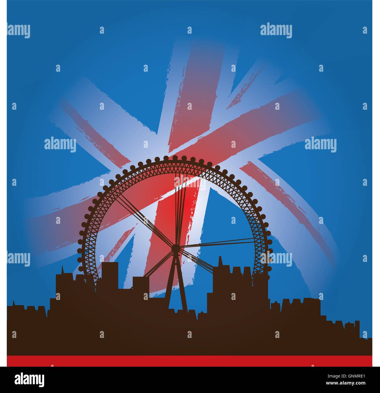 Blue background with a view of London and a flag of the United Kingdom ...