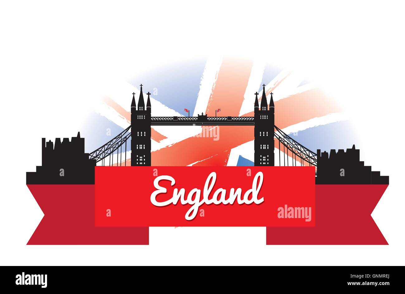 Isolated cityscape of London with a ribbon with text and the flag of ...