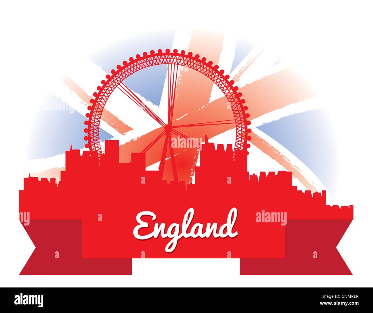 Isolated cityscape of london with a ribbon with text and the flag of ...