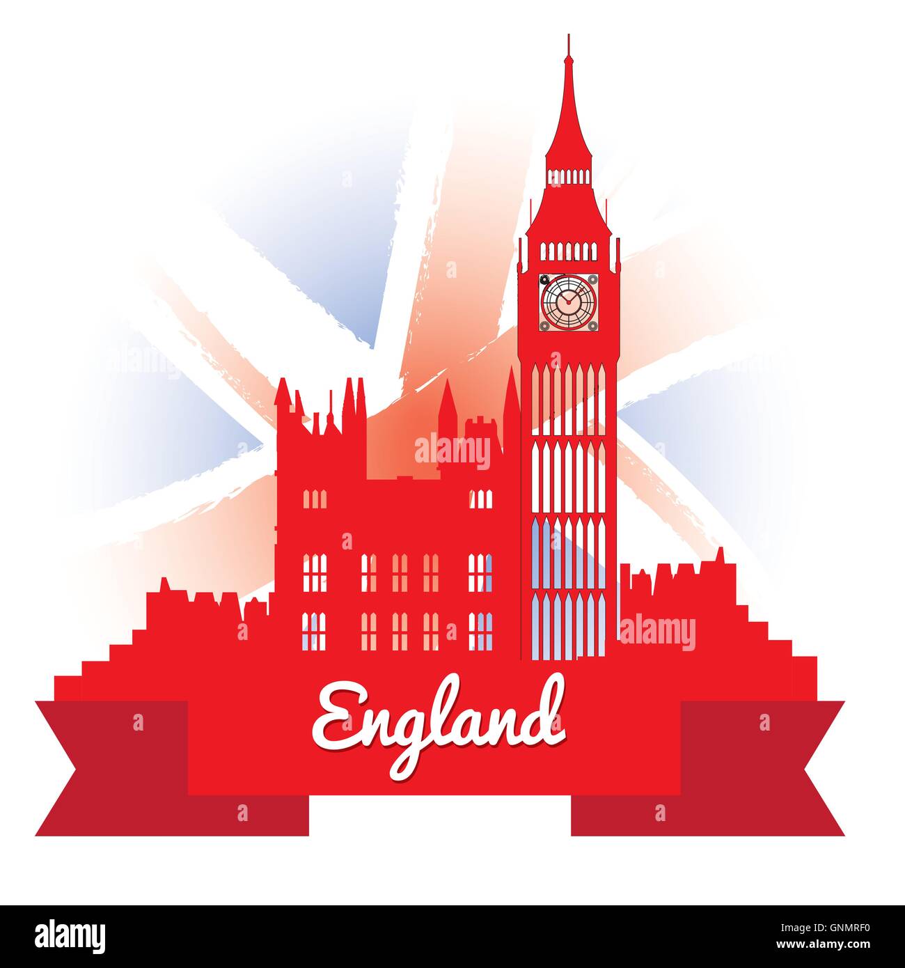 Isolated cityscape of London with a ribbon with text and the flag of ...