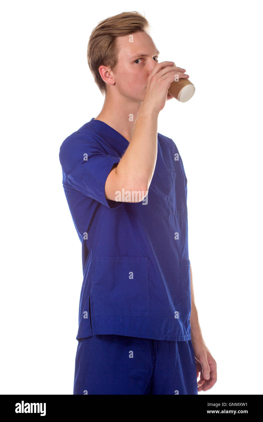 Tired doctor with cup of coffee, isolated on white background Stock ...