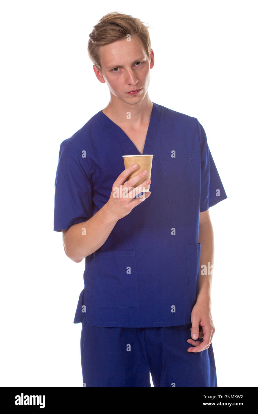 Tired doctor with cup of coffee, isolated on white background Stock ...