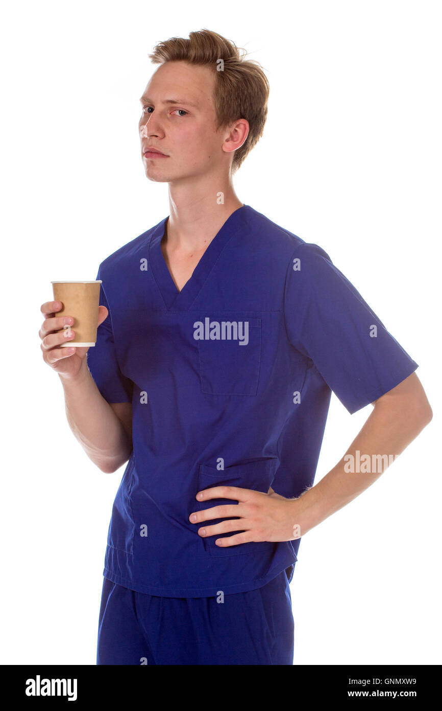 Tired doctor with cup of coffee, isolated on white background Stock ...