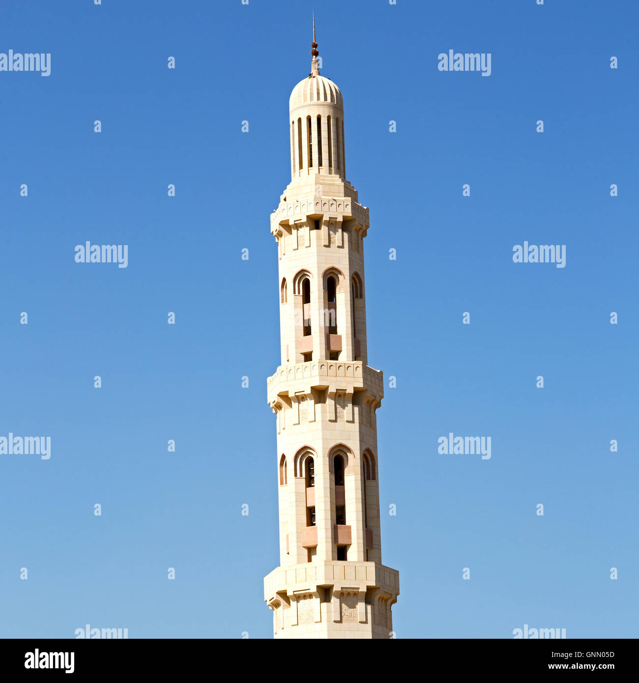 minaret and religion in clear sky in oman muscat the old mosque Stock ...