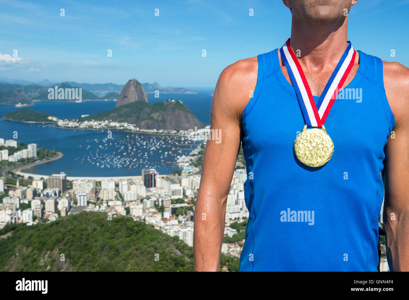 First place American athlete wearing gold medal with red, white, and ...