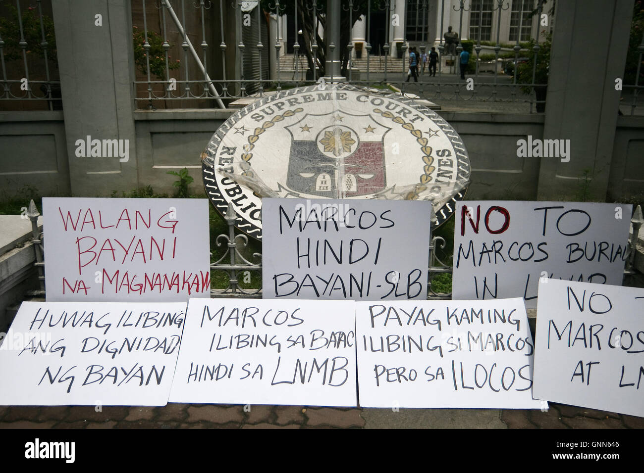 Manila, Philippines. 31st Aug, 2016. Anti-Marcos posters in front of ...