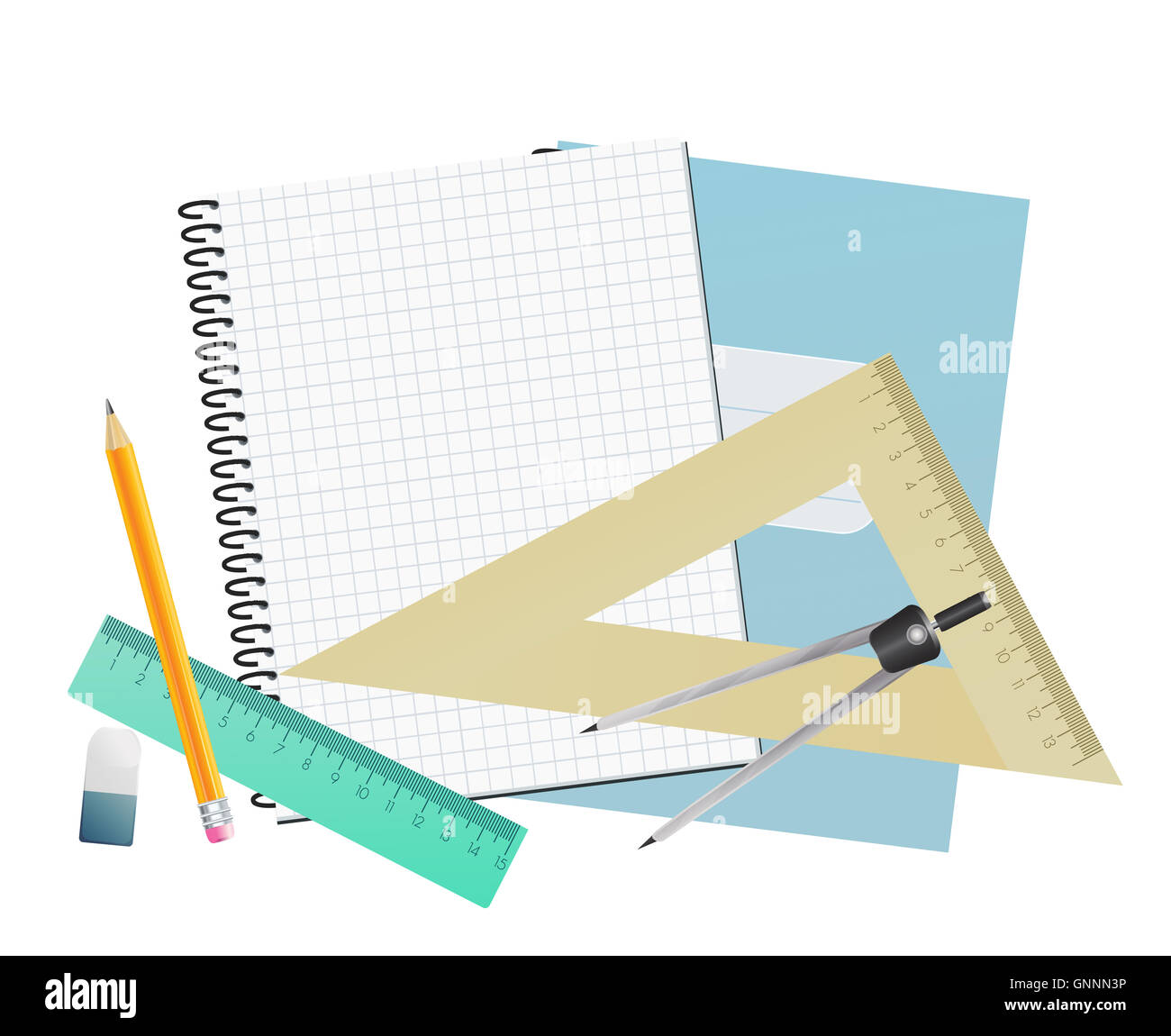 Notebook blank page, rulers, pencil, divider and eraser. School ...
