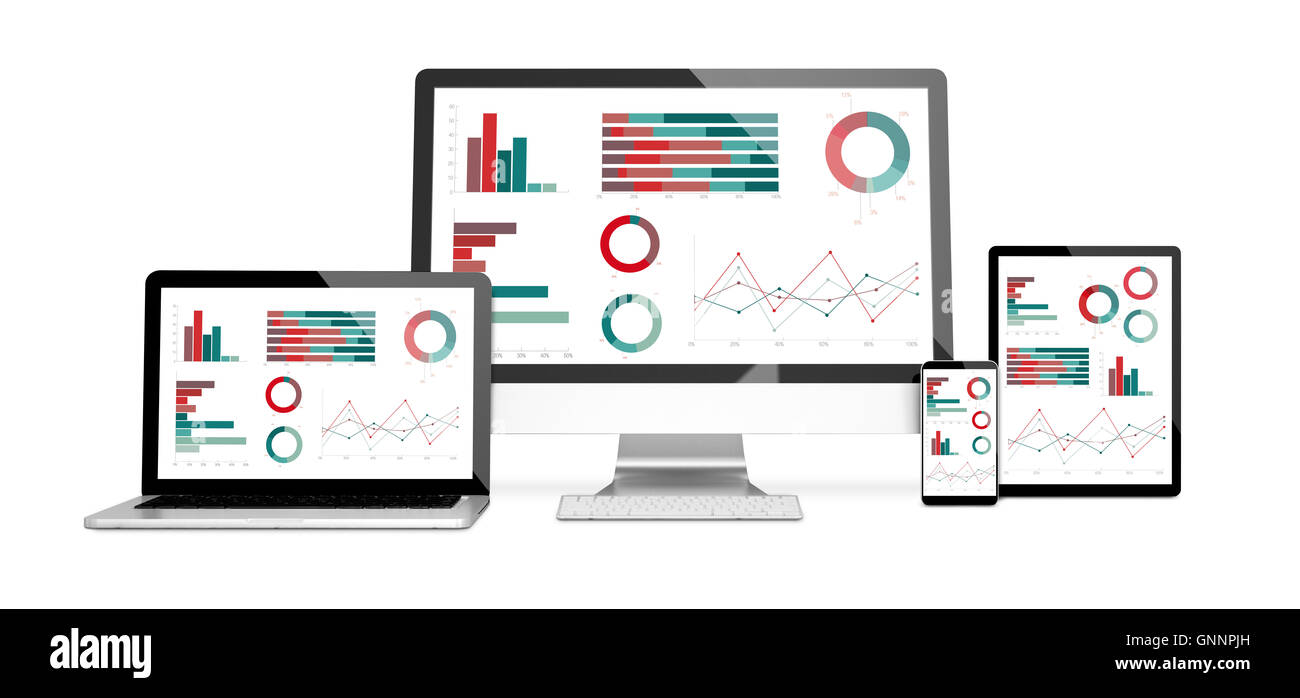 3d rendering of isolated devices with responsive business graphics ...