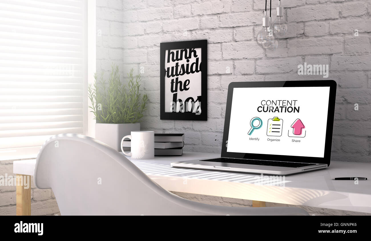 workplace with laptop. Content curation graphs on screen. All screen ...