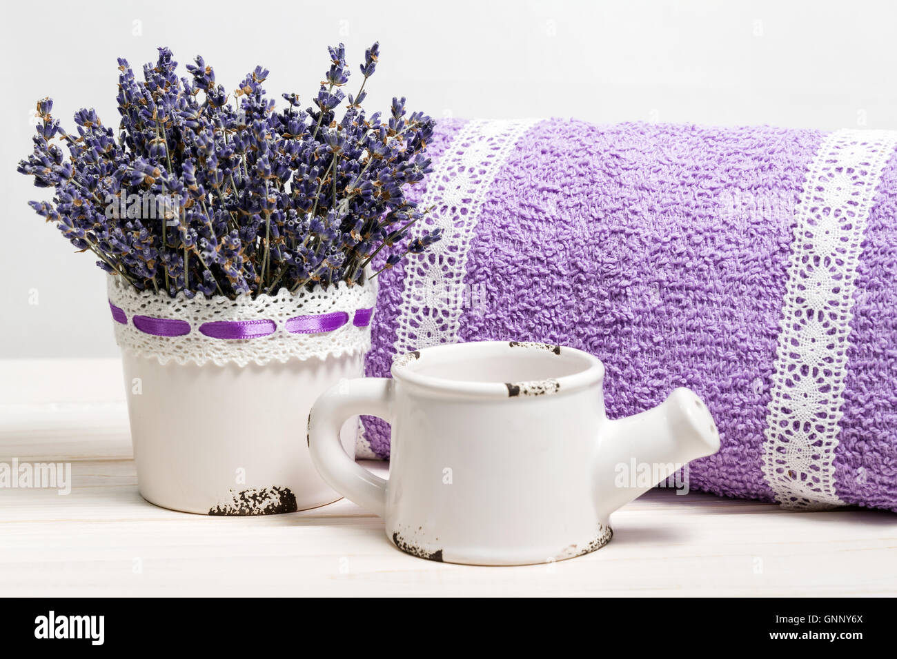 Bunch of lavender in bucket on a lilac background (Provence Stock Photo ...