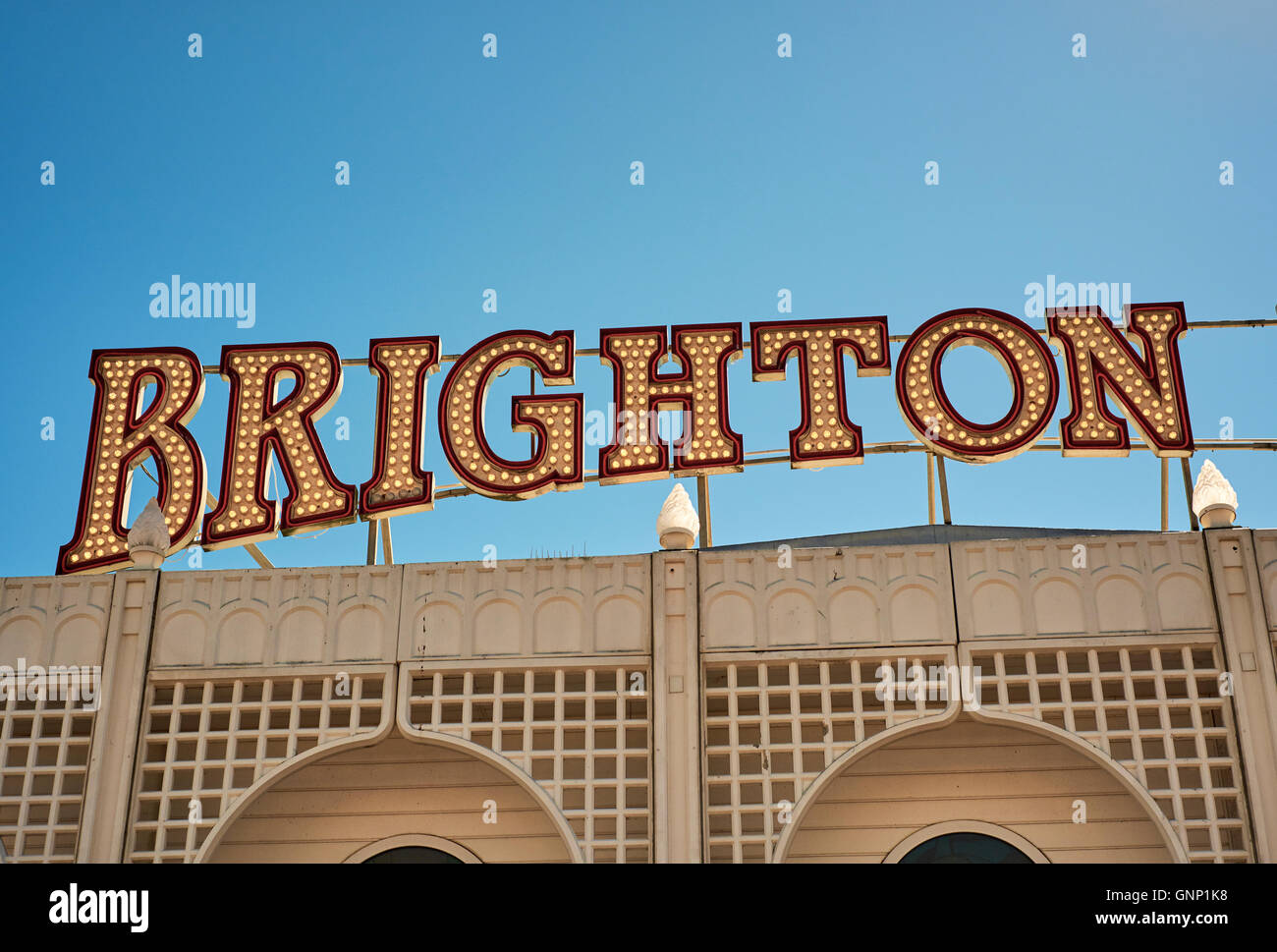 Brighton sign lit up on the pier, Brighton Sussex England UK Stock ...