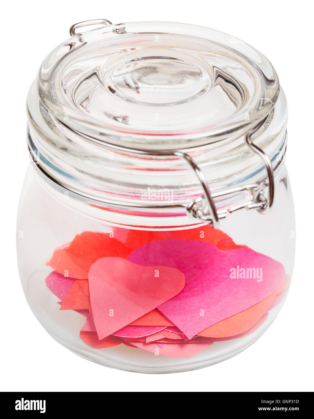 many hearts cut out from paper in closed glass jar isolated on white ...
