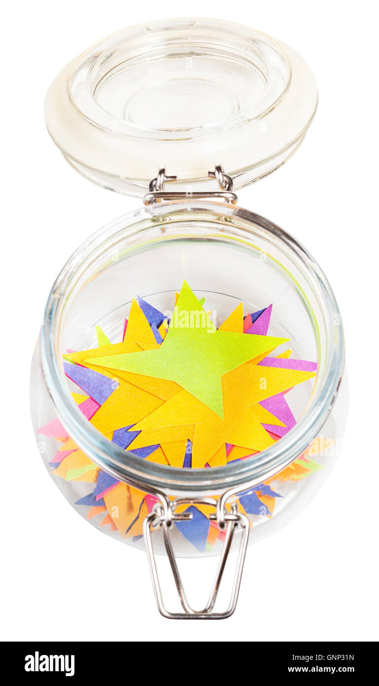 top view of many stars cut out from paper in open glass jar isolated on ...