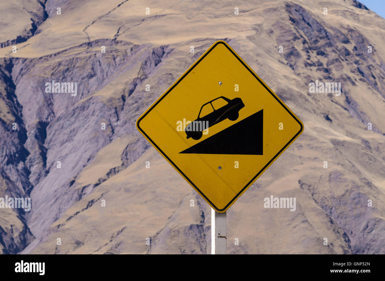 Sign warning of a steep descent on an Andean road Stock Photo - Alamy