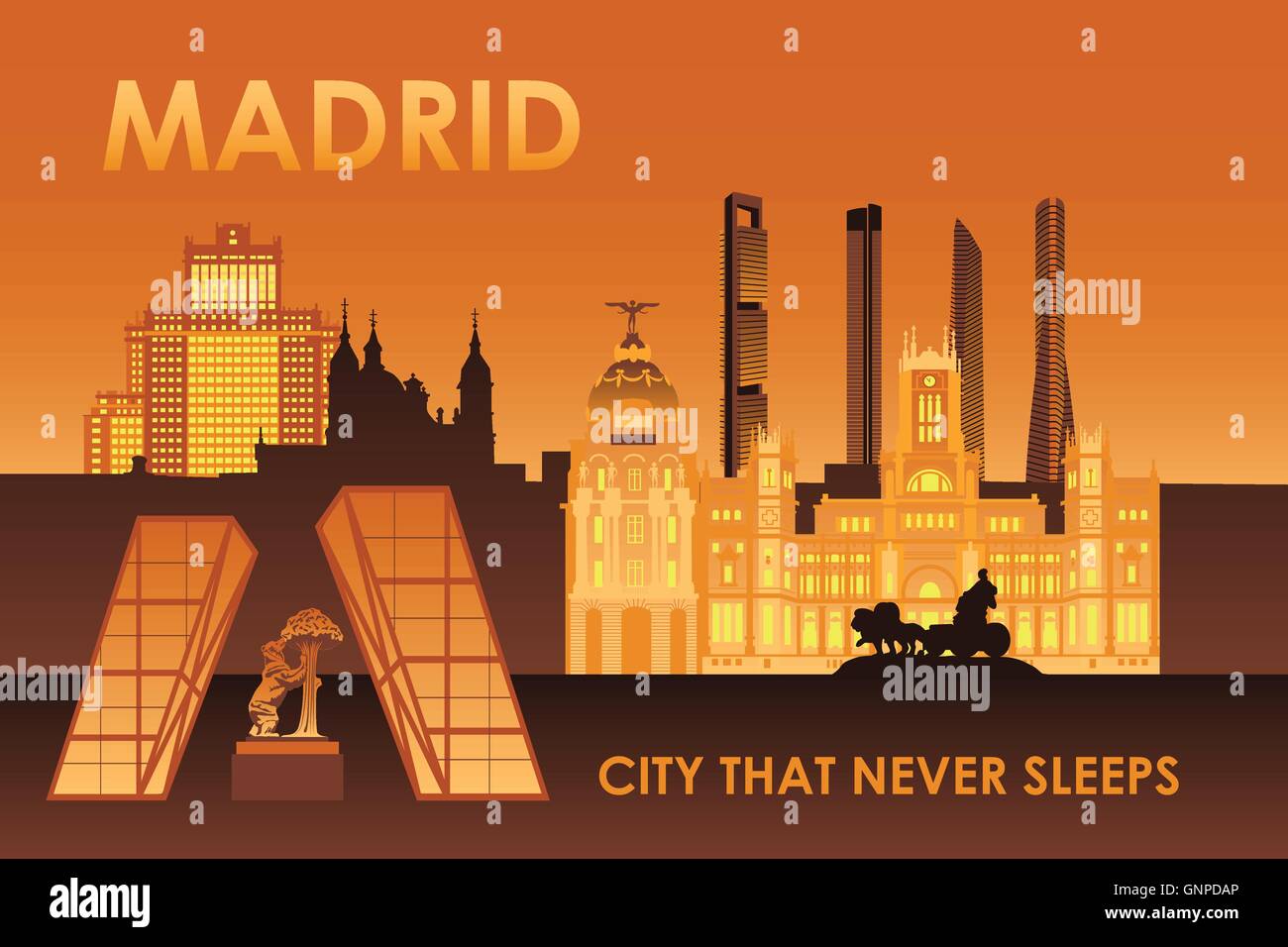 Madrid city landmarks at night vector illustration. Cibeles palace ...