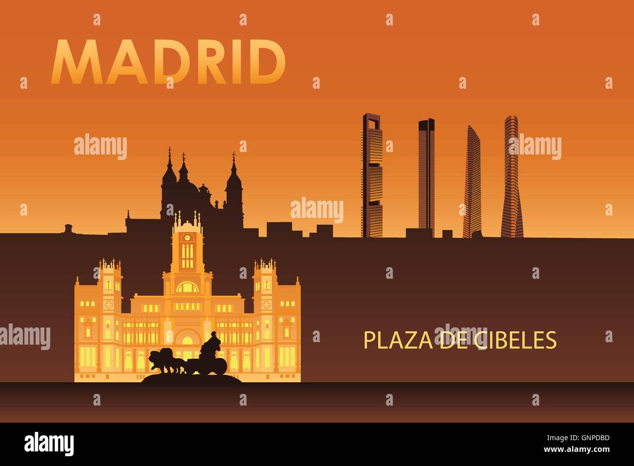 Madrid city landmarks at night vector illustration. Cybele palace Stock ...