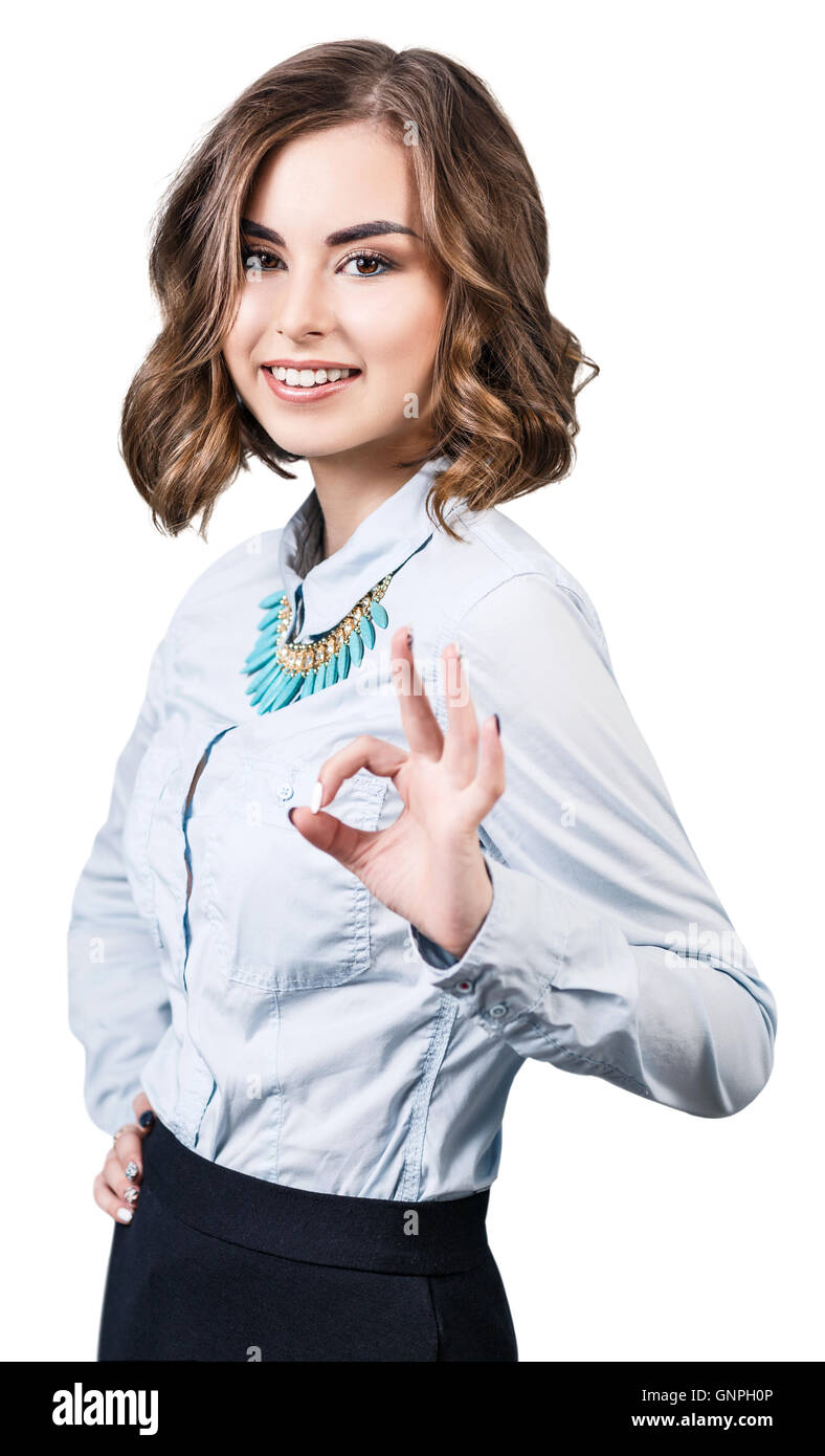 Beautiful Woman Showing Ok Sign Isolated On White Background Stock