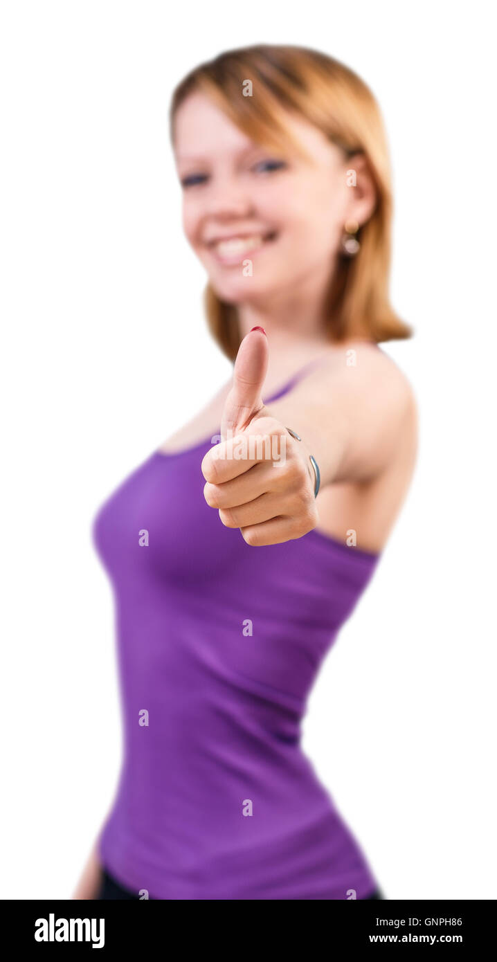 Gorgeous young woman showing big thumbs up isolated on white Stock ...