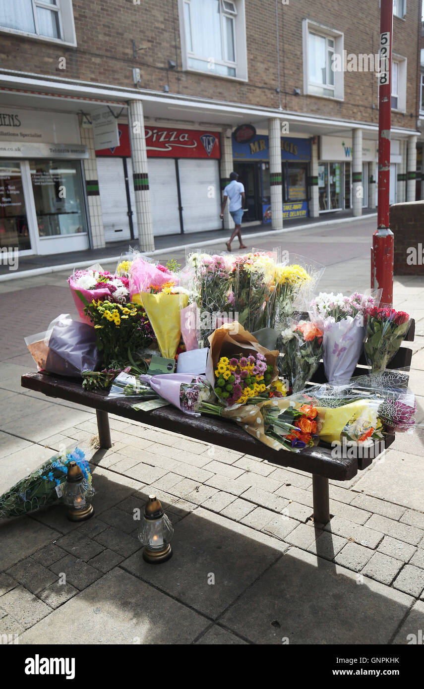 Flowers are left at The Stow in Harlow, after a 40-year-old Polish man ...