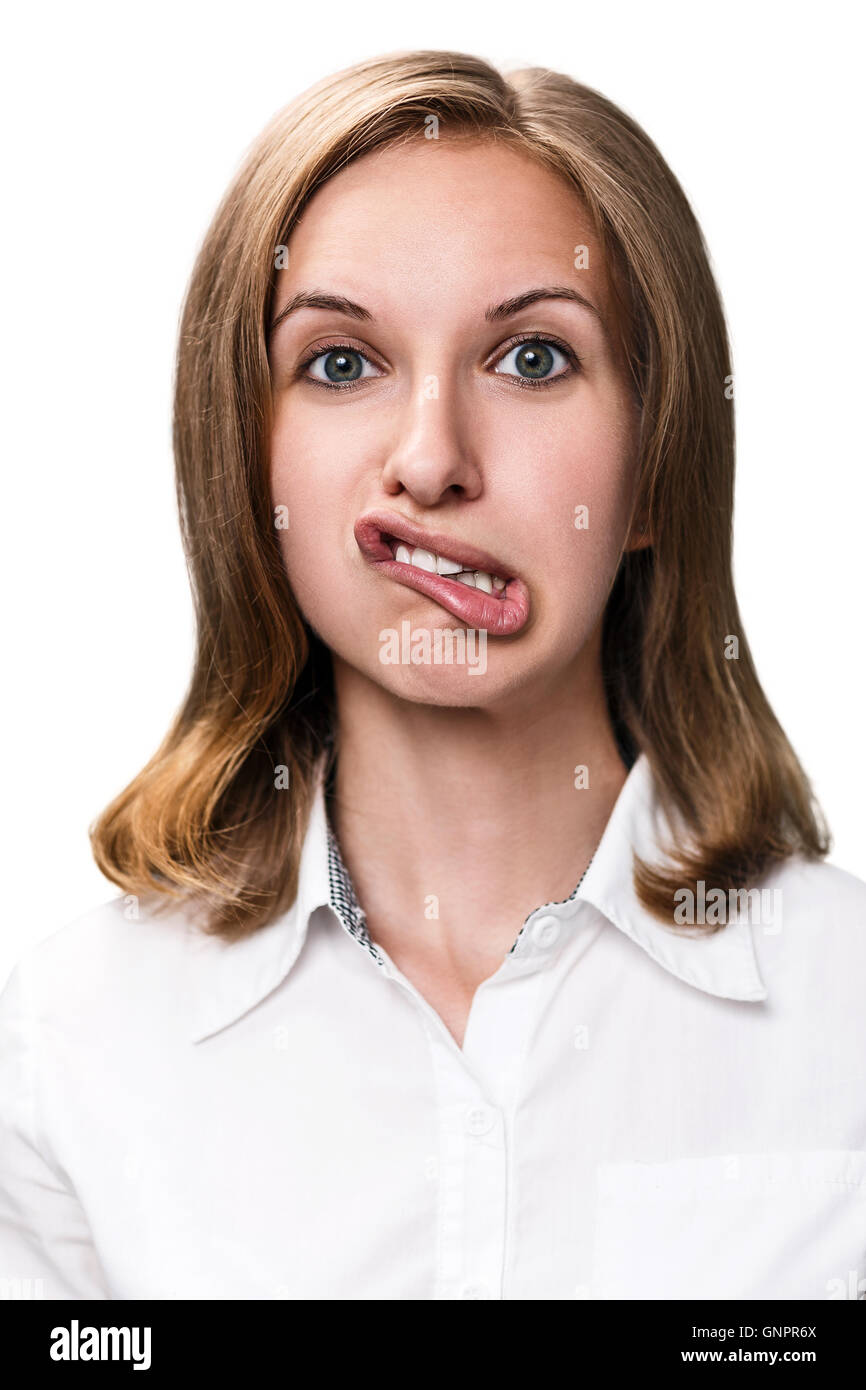 Close-up portrait of a woman showing grimace isolated on white Stock ...