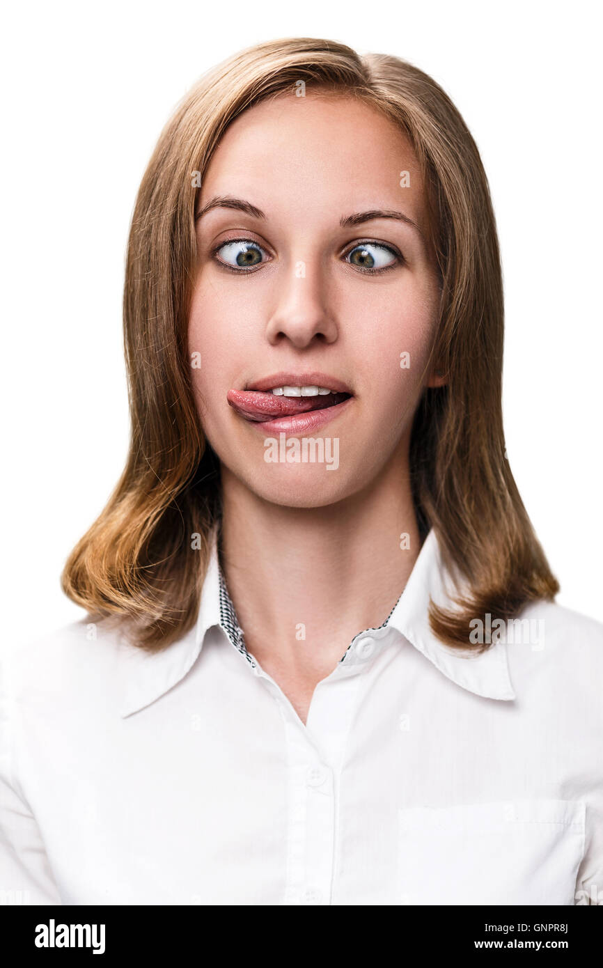 Close-up portrait of a woman showing grimace isolated on white Stock ...