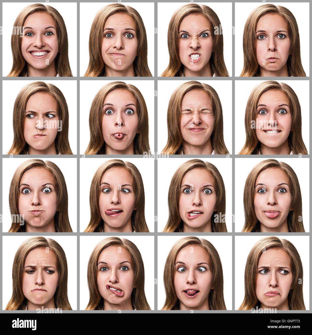 Multiple close-up portraits of the same woman expressing different ...