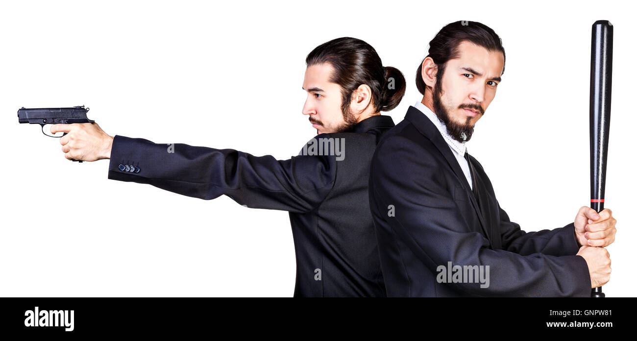 Collage with handsome man in suit with baseball bat and gun isolated on ...