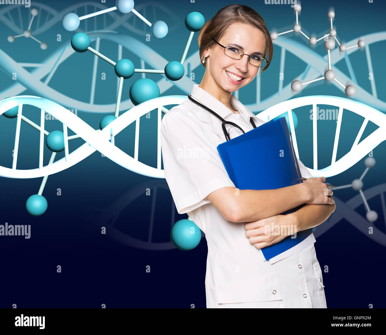 Smiling female doctor in white coat and dna molecule formula over blue ...
