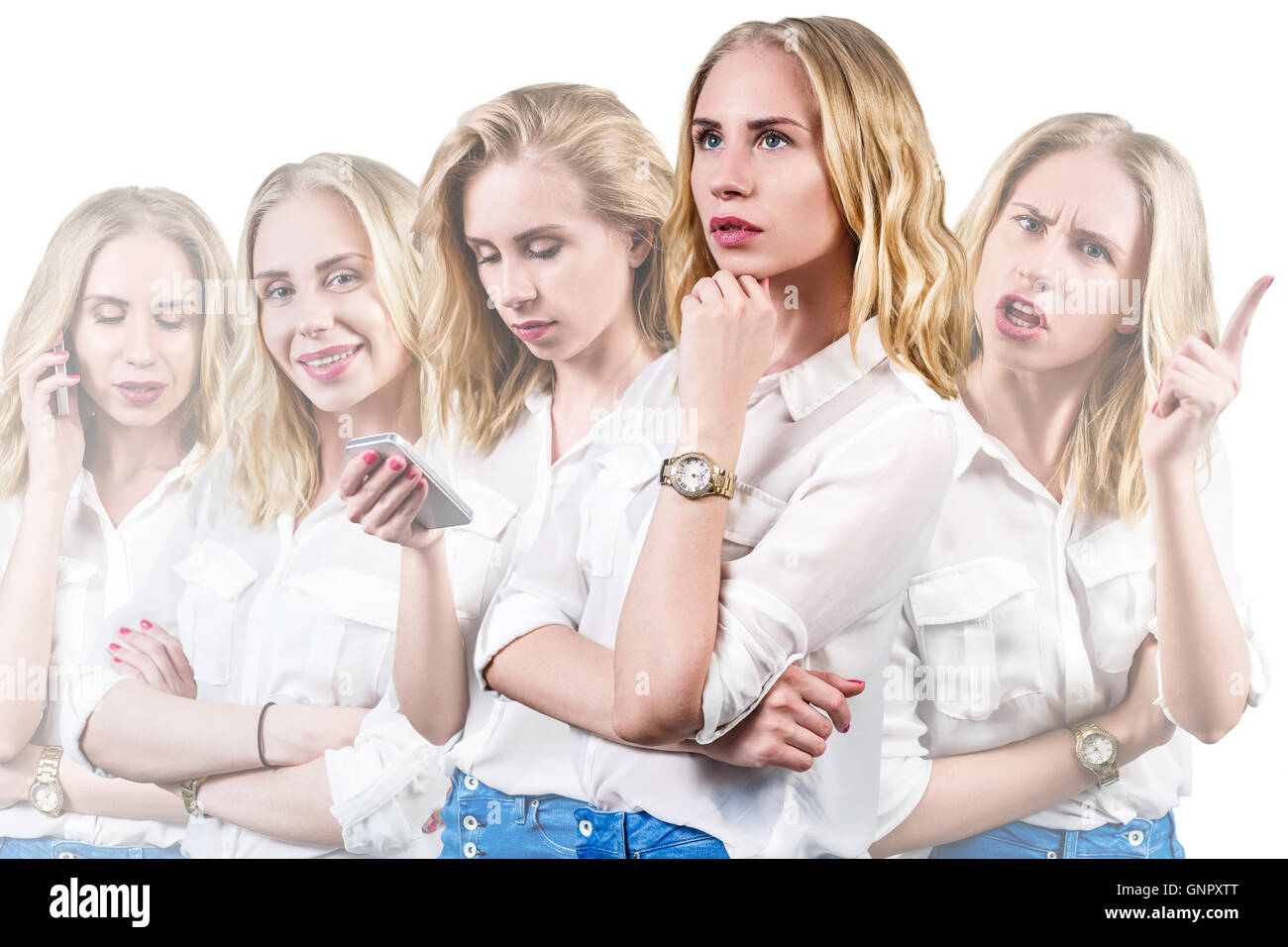 Young beautiful woman with different emotions isolated on white ...