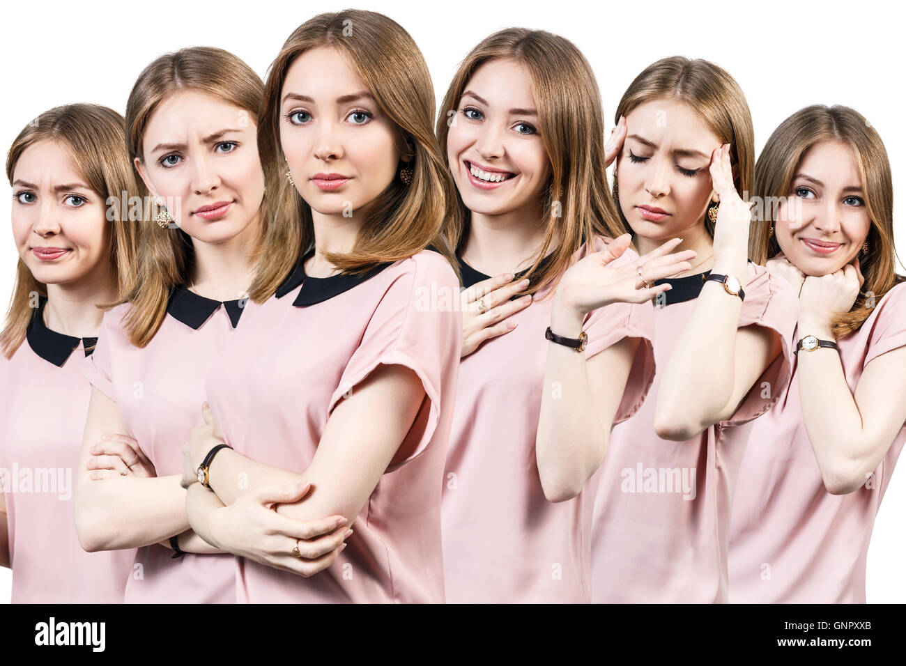 Young beautiful woman with different emotions isolated on white ...