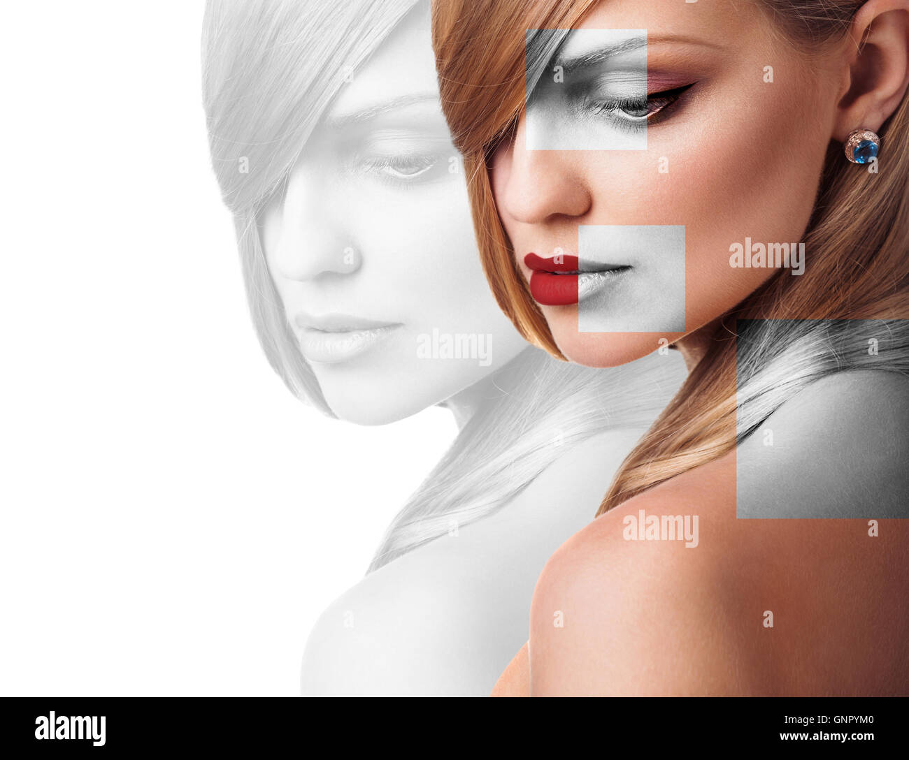 Perfect female face made from faces parts .Plastic surgery concept ...