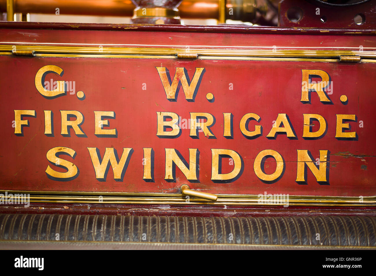 Panel on side of old fire engine on display at a Swindon museum Stock ...