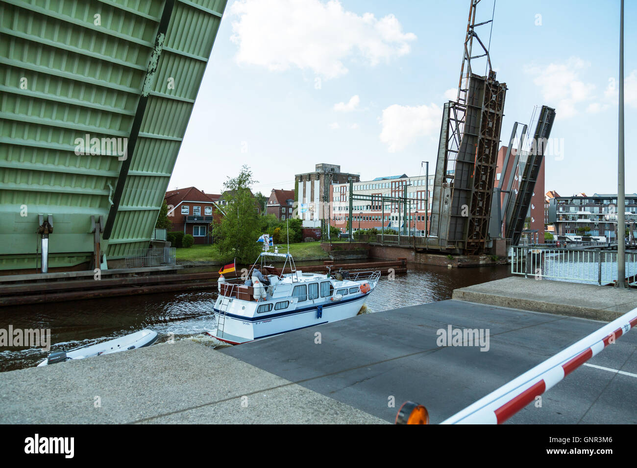 Emden, Germany, a yacht flying the open doors of drawbridge with Stock ...