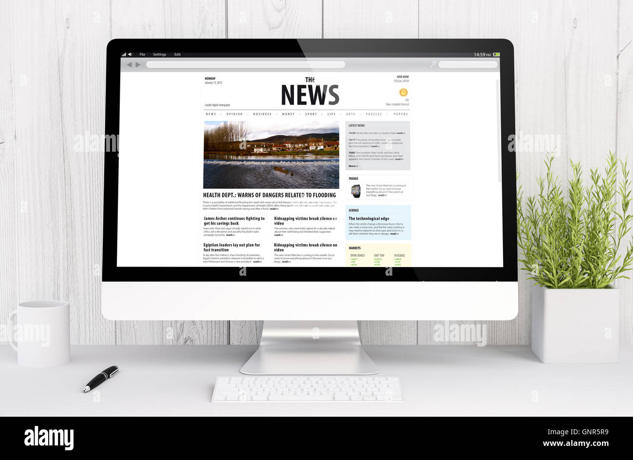 3d rendering news on computer. All screen graphics are made up Stock ...