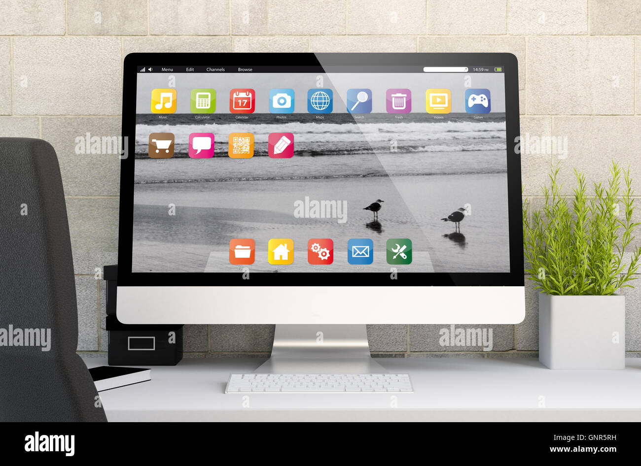 3d rendering of workspace with computer. All screen graphics are made ...