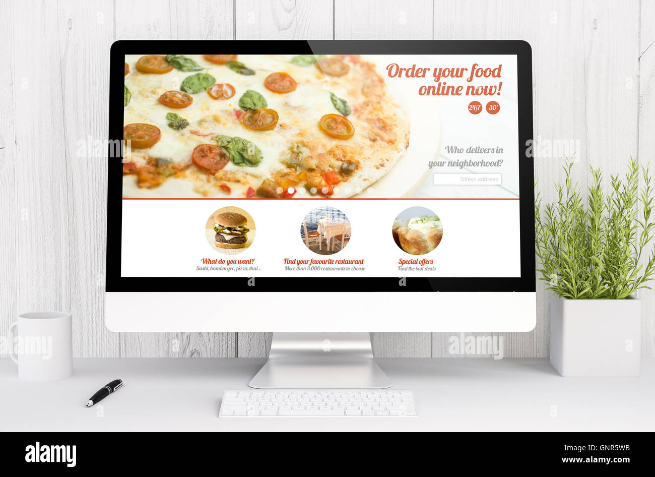 3d rendering computer food order website on computer. All screen ...