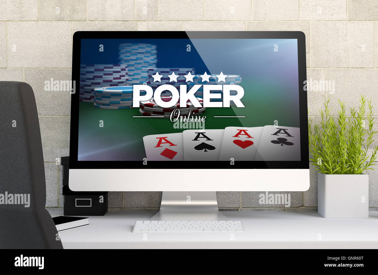 3d rendering of workspace with computershowing poker. All screen ...