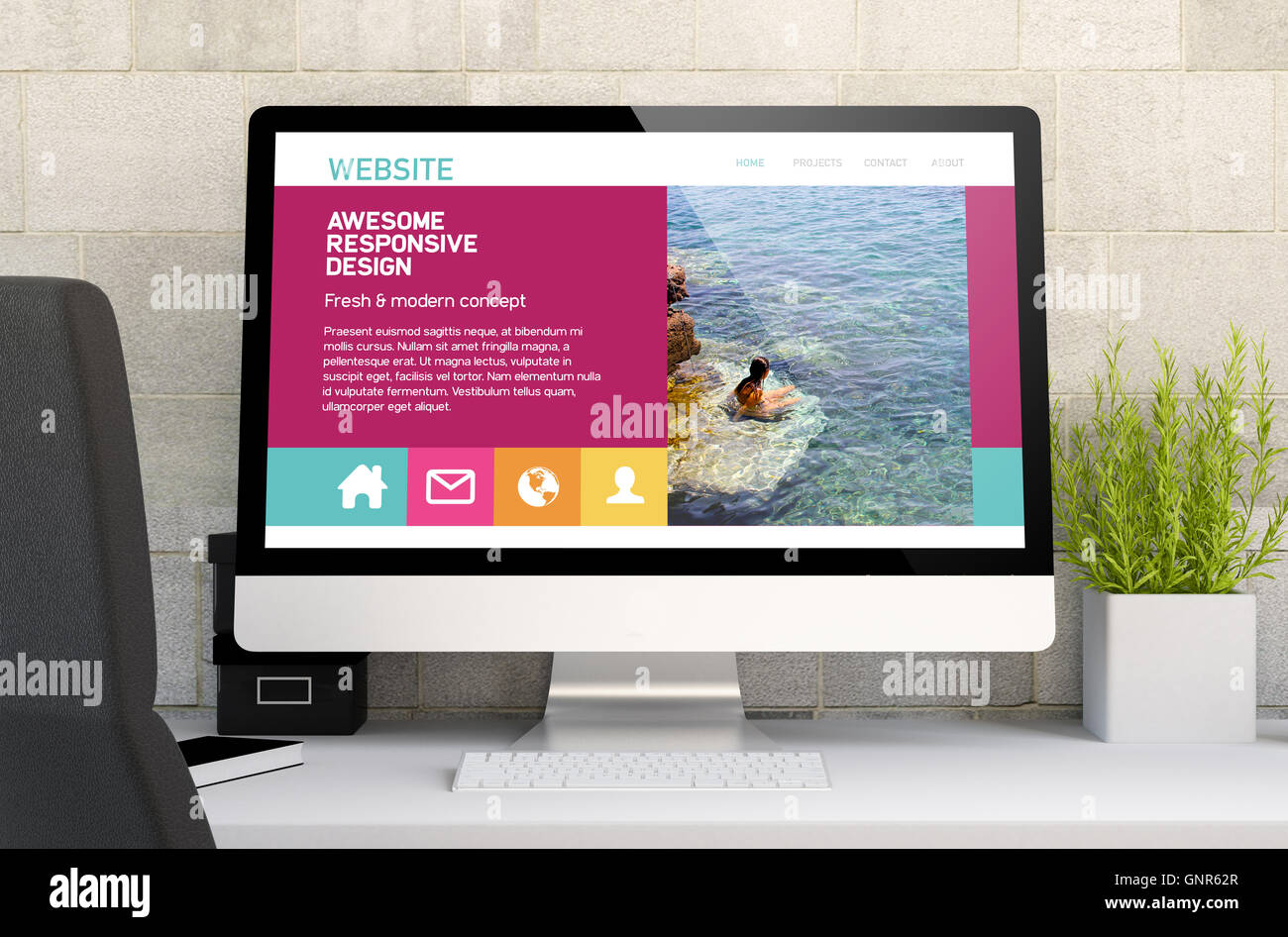 3d rendering of workspace with computer showing awesome responsive ...