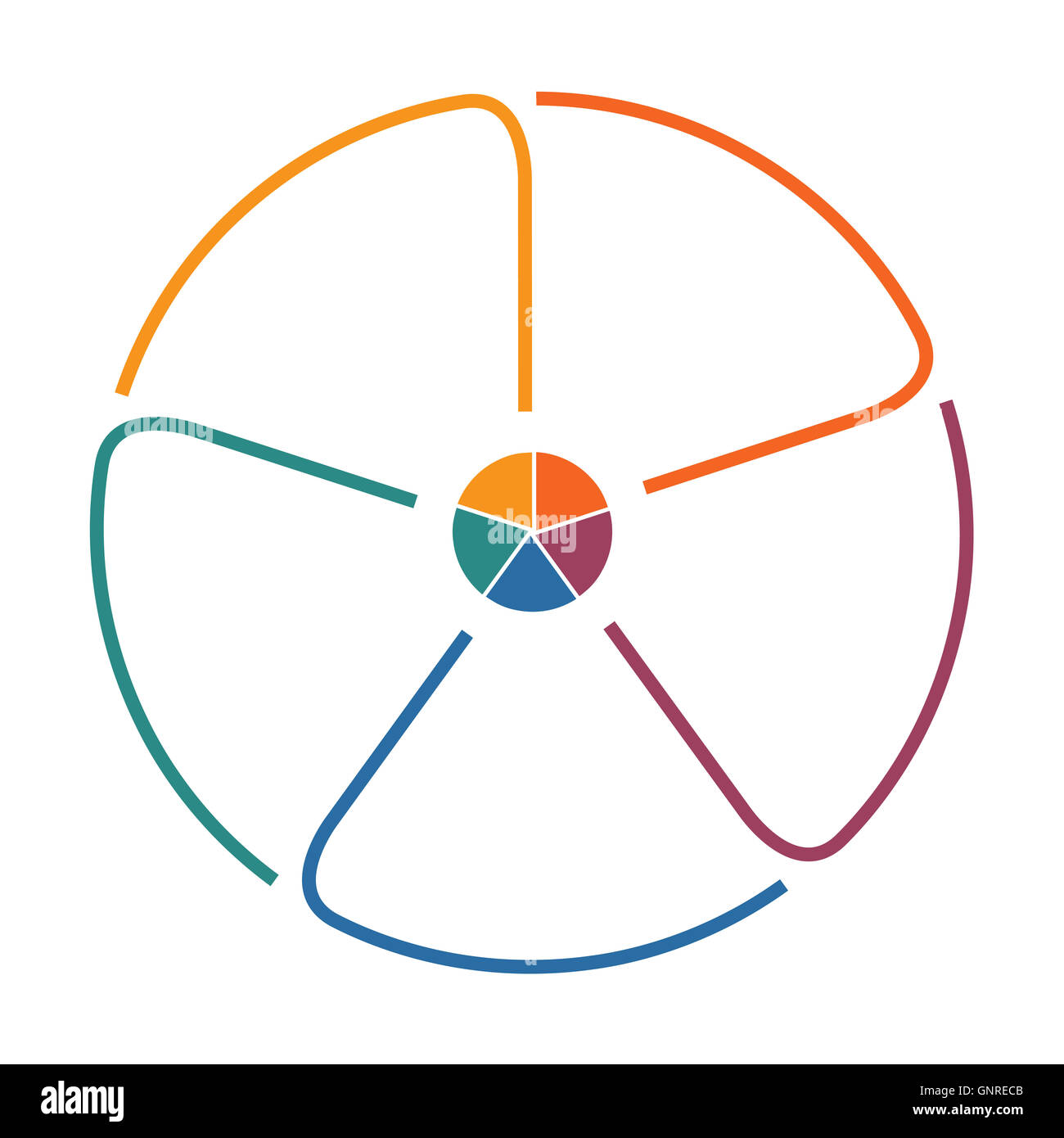 Circle template from colourful lines with text areas on five positions ...