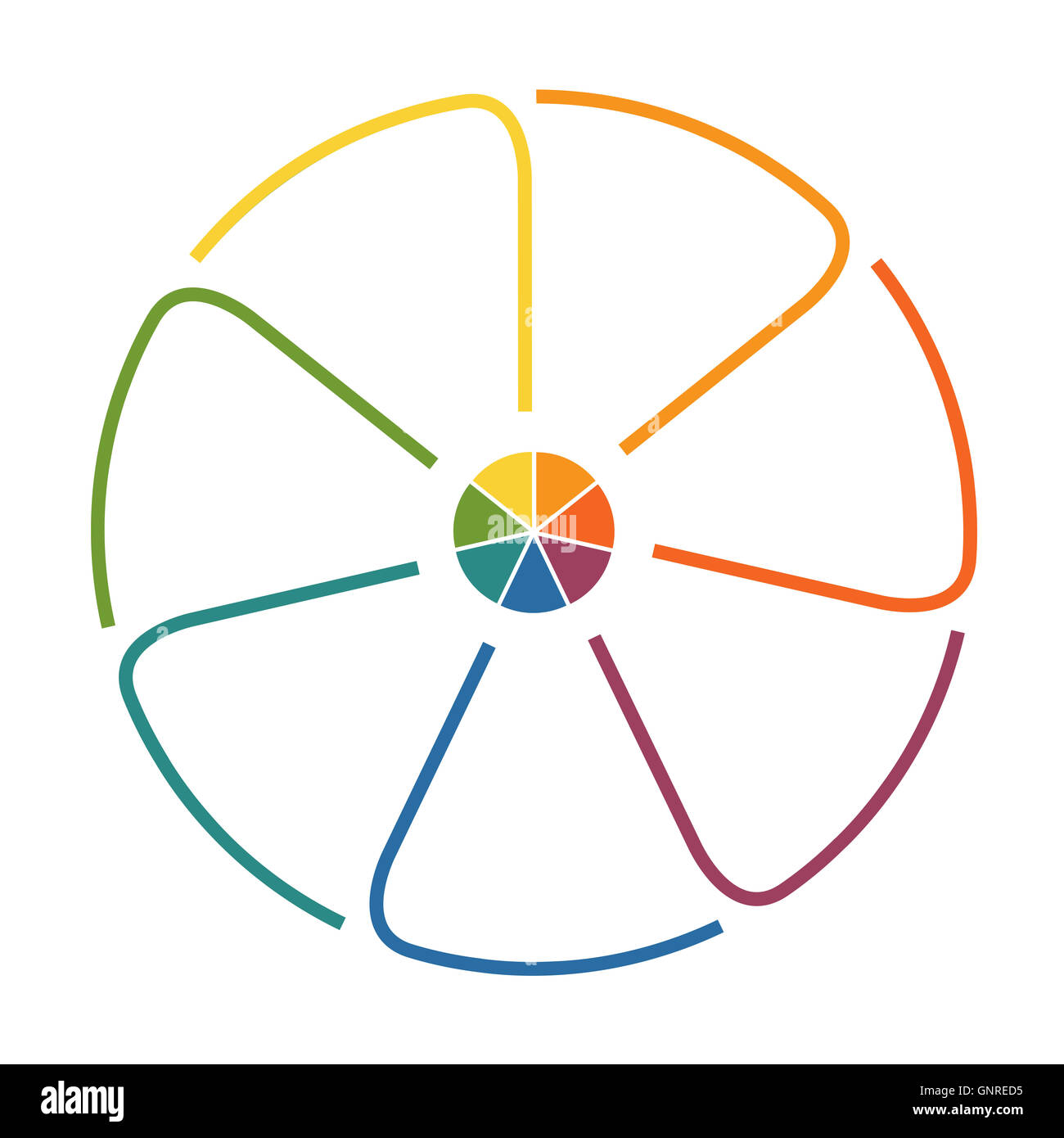 Circle template from colourful lines with text areas on seven positions ...