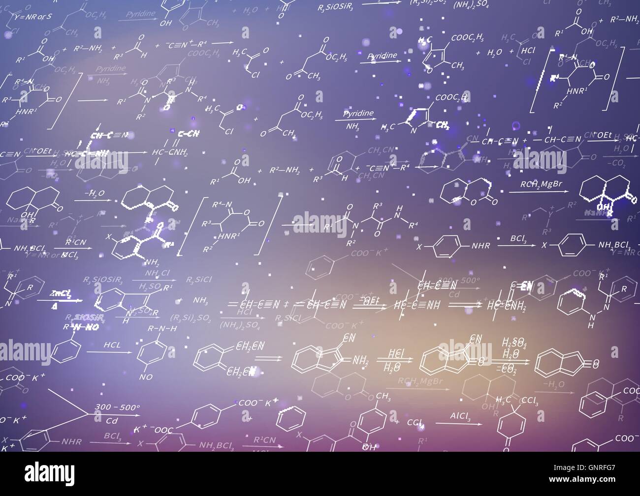 Recondite chemical equations and formulas on blurred purple background ...
