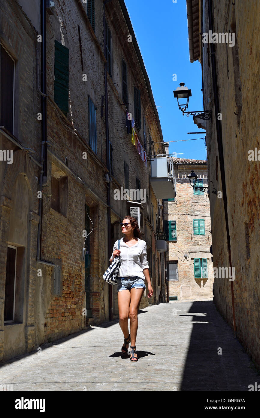Woman, Girl, walking, Street, House, alley, San Marcello, Province ...