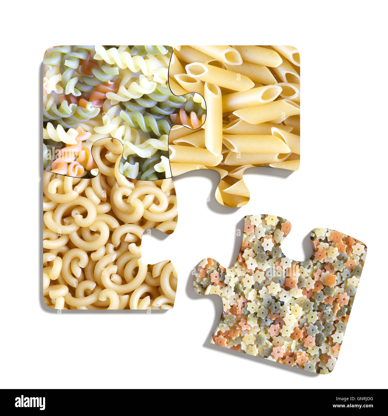 3d rendering of four puzzle pieces with different types of spaghetti ...