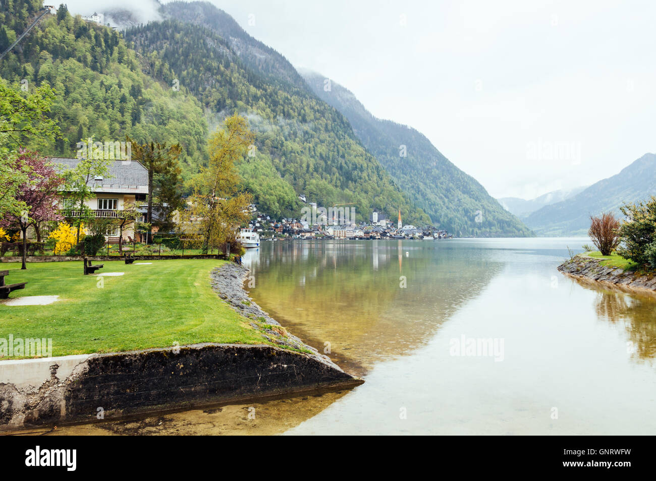 Hallstatt, Austria - April 30, 2015: View of Hallstatt and the lake a ...