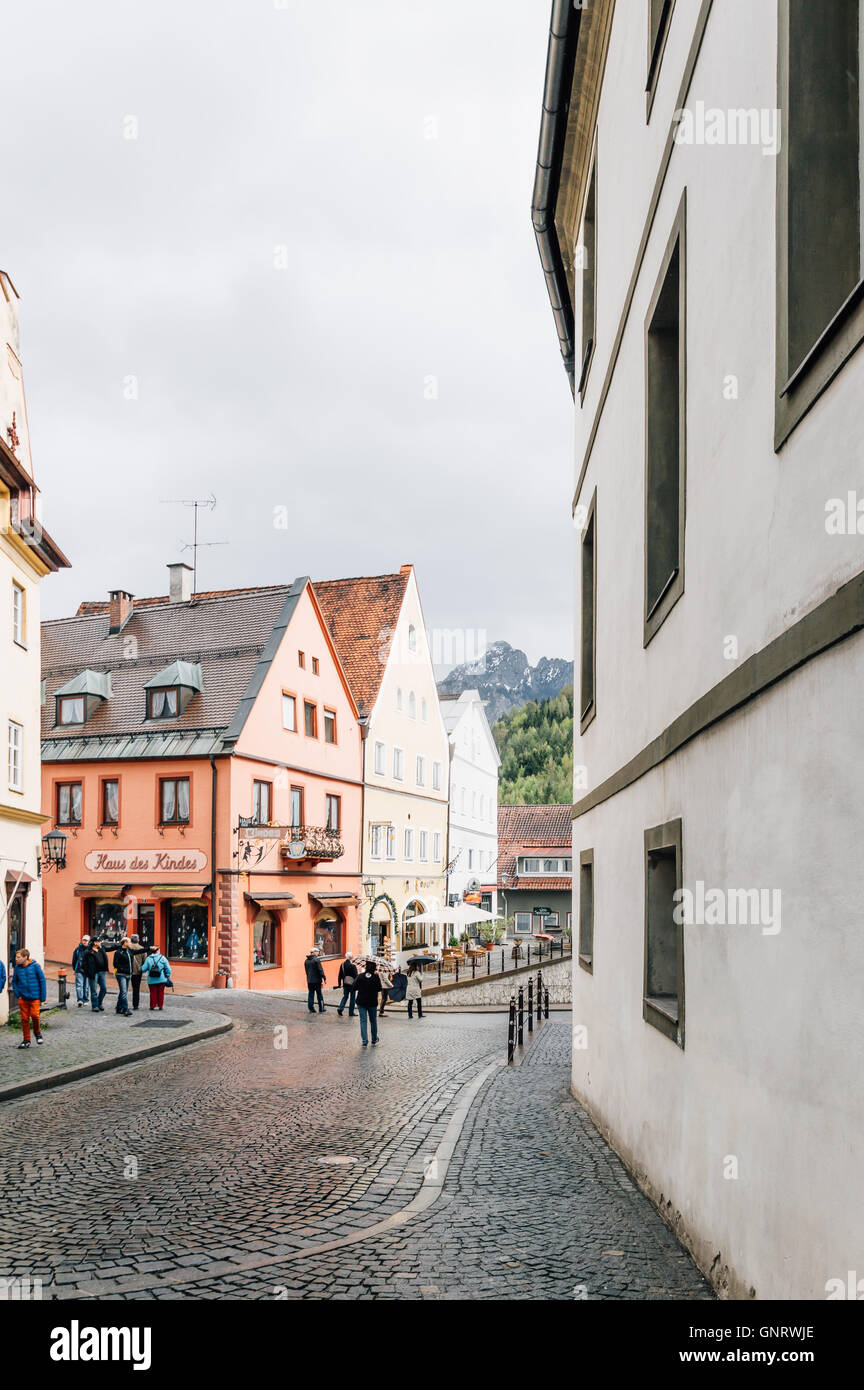 Fussen, Germany - May 01, 2015: View of pedestrian historical street in ...
