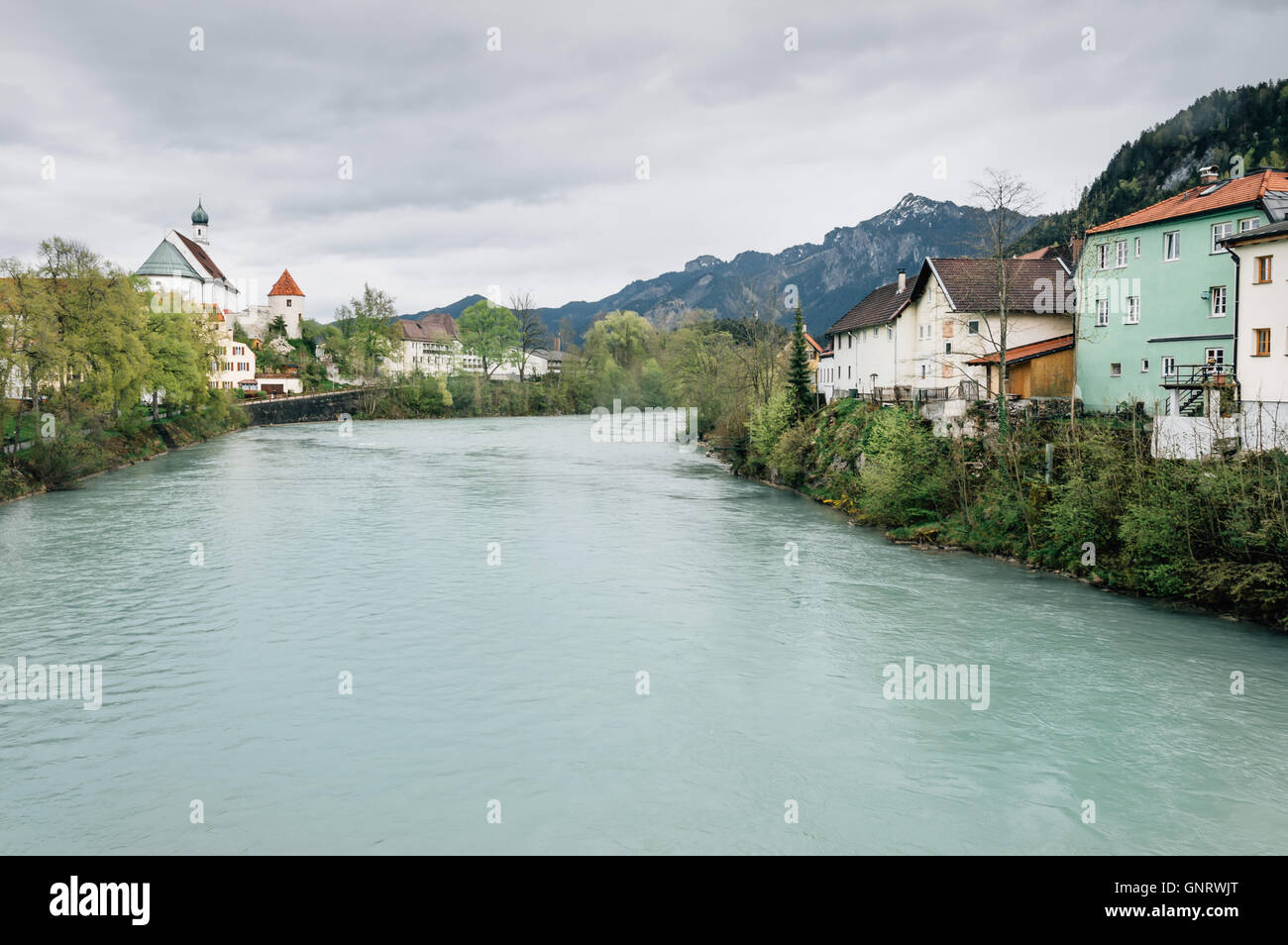 Fussen, Germany - May 01, 2015: View of river in Fussen with typical ...