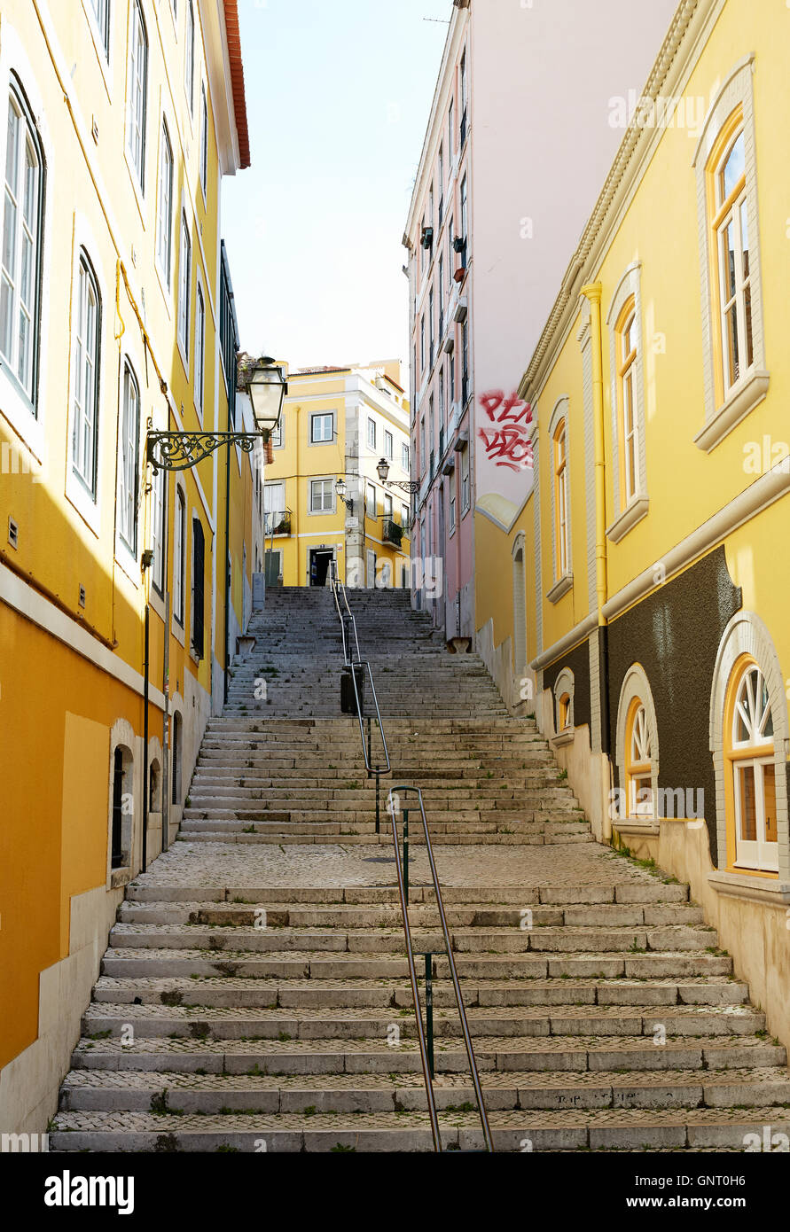 Lisbon, Portugal, typical side street with its steep long stairs Stock ...