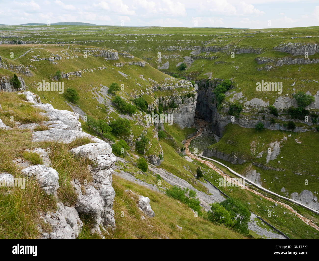 View into Gordale Scar, a limestone gorge near Malham in the Yorkshire ...